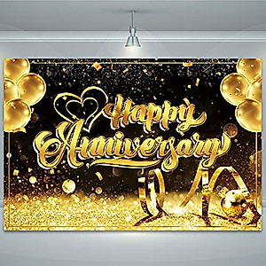 Gatherfun Happy Anniversary Banner Backdrop Anniversary Party Supplies Large Black Gold Photography Background Poster for Wedding Anniversary Party Birthday Party Decorations