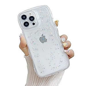 JYJFMLZC Compatible with iPhone 14 Pro Wavy Edge Shiny Stars Clear Cute Phone Case for Women Girls All-Around Soft TPU Anti-Collision Anti-Shock Transparent Phone Case for iPhone 14 Pro-Clear