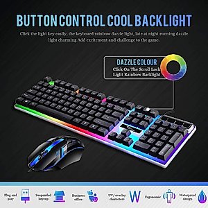 Rainbow Gaming Keyboard Mouse Combo Wired, Backlit Mechanical Keyboard LED 104 Keys USB Mechanical Gaming Keyboard for Computer PC Gamer (Black)