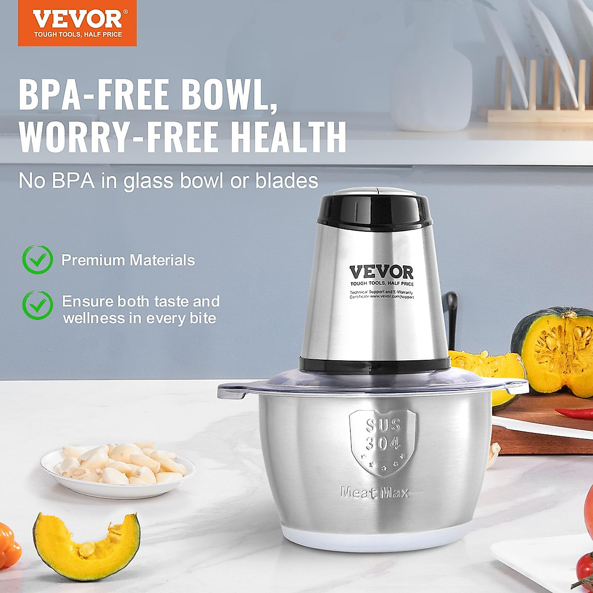 VEVOR Food Processor, Mini Electric Chopper 400W, 2 Speeds Electric Meat Grinder, Stainless Steel Meat Blender, for Baby Food, Meat, Onion, Vegetables, 8 Cup