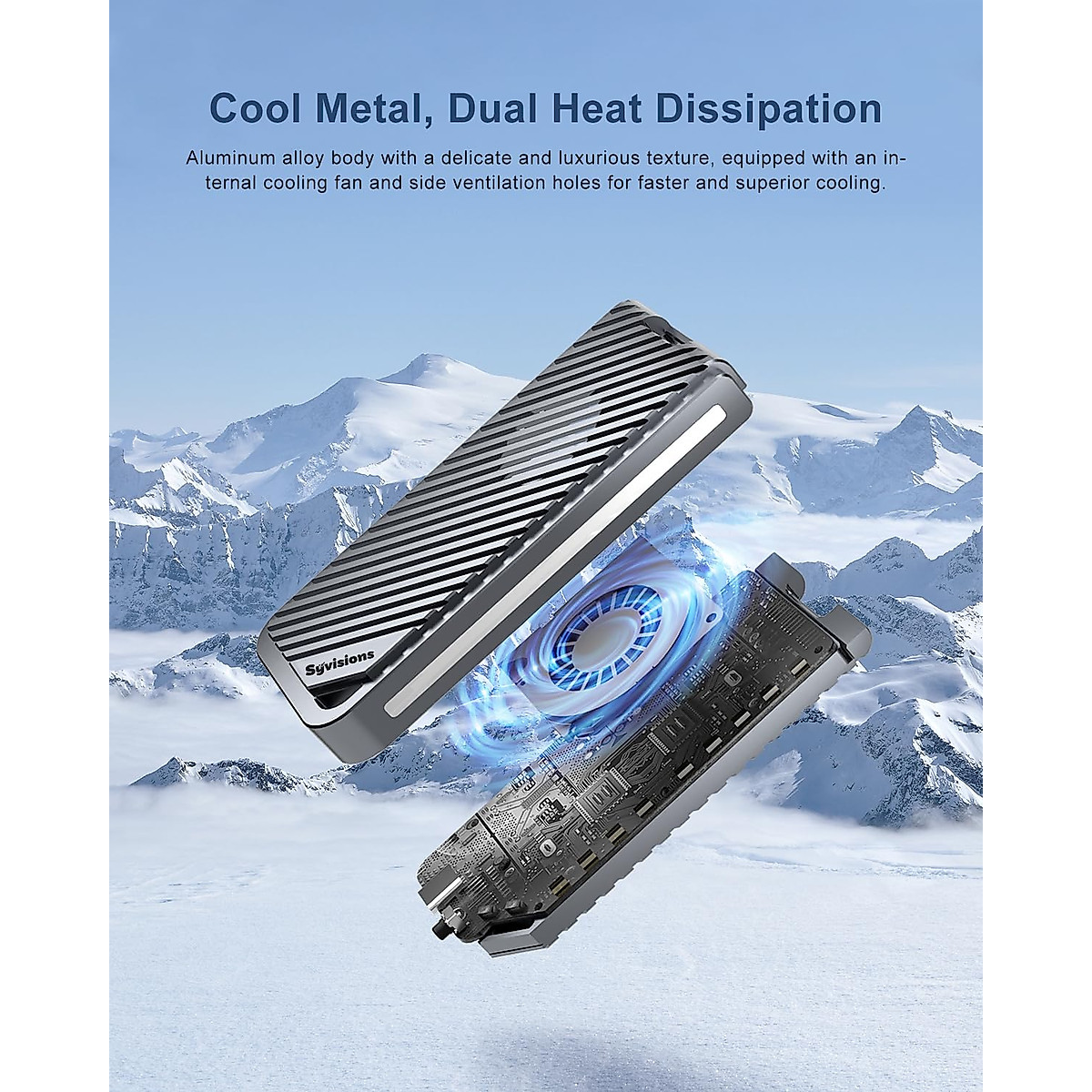 Syvisions M.2 NVMe SSD Enclosure,Tool-Free 40Gbps Compatible with USB4.0/3.2/3.1/3.0/2.0&Thunderbolt3, Fan Cooling, Anti-Scratch Aluminum Alloy, LED Light, Support SSD Size 2280 B+M M-Key