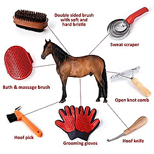 Horse Grooming Kit Blue Tote - 9pcs Horse Care Kit with Multi-Function Brushes & Curry Combs, Sweat Scraper, Hoof Pick, Hoof Knife for Horse Kit Horse Cleaning Tool Set Equine Grooming Portable