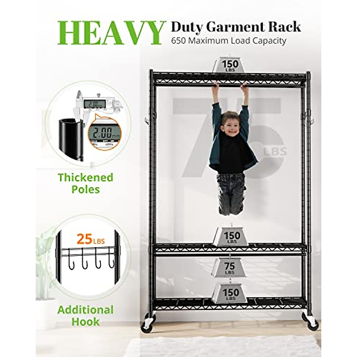 HOKEEPER Heavy Duty Wire Garment Rack Clothes Rack with Shelves and Double Rods, Rolling Clothing Rack for Hanging Clothes, Portable Freestanding Closet Storage Shelves Rack with Wheels and Hooks