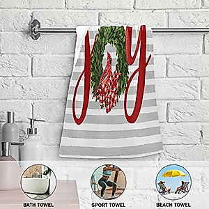 Christmas Wreath Joy to World Hand Bath Towel Winter Cardinal Birds Kitchen Bathroom Faucet Towel White Gray Stripe Fingertip Towel Set Highly Absorbent Guest Shower Towels 16x30 Holiday Decorations