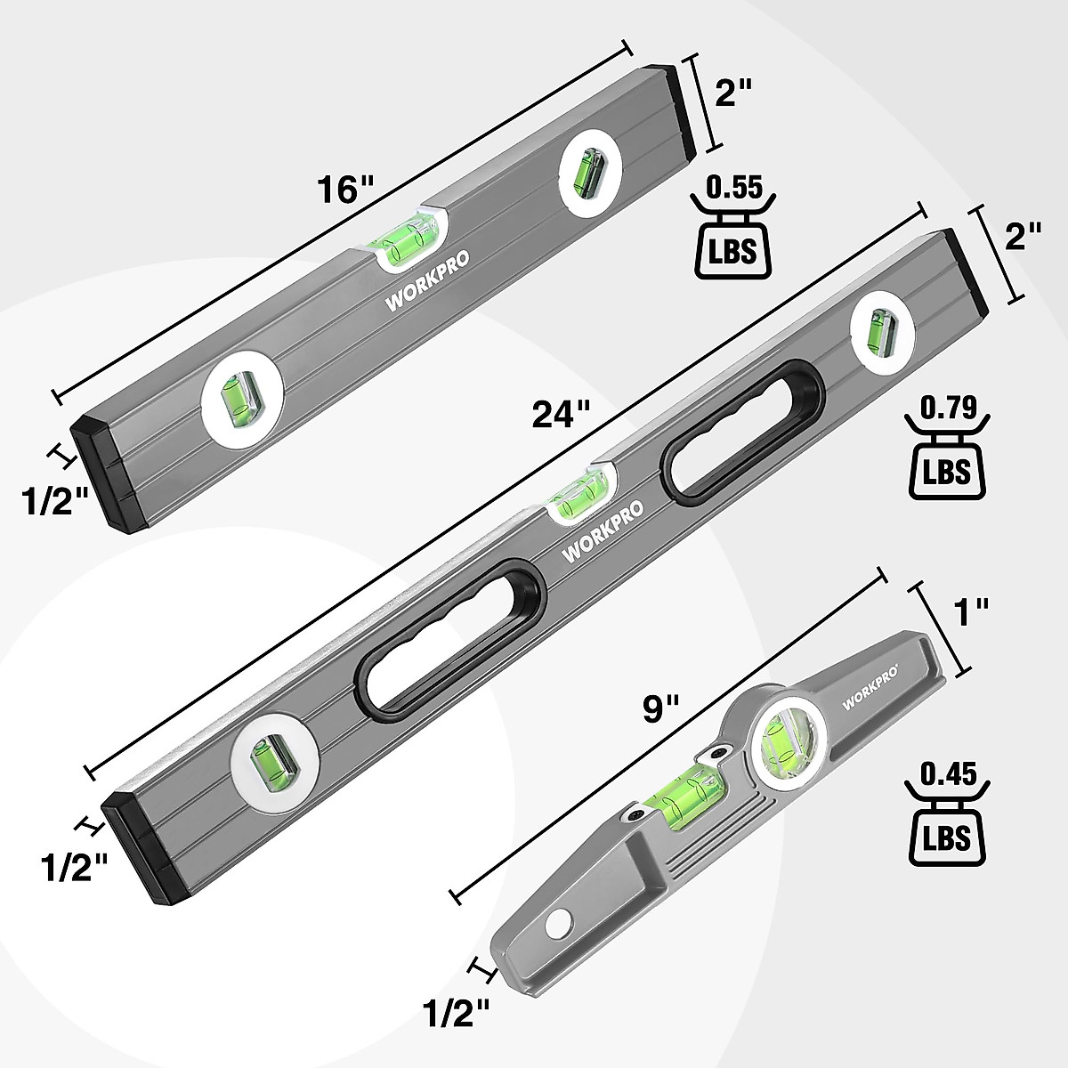 WORKPRO Torpedo Level, 3-Piece Spirit Level Set(9", 16", 24"), Magnetic, Bubbles Measuring, Clear,green