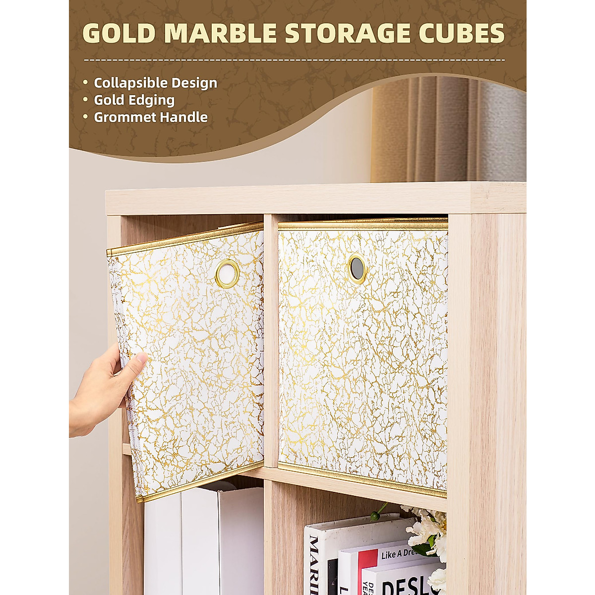 DAMAHOME Fabric Storage Cube Bins, Foldable 13 Inch Cube Storage Bins with Grommet Handle, 4-Pack Collapsible Cubby Organizer for Shelves, Closet, Nursery, Toys, White Gold