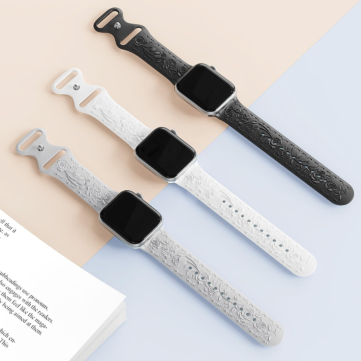 3 Packs Floral Engraved Bands Compatible with Apple Watch Band 40 44 38 42 41 45 46 49mm, Embossed Rose Strap for iWatch Series 10 9 8 7 SE 6 5 4 3 2,38Bwg