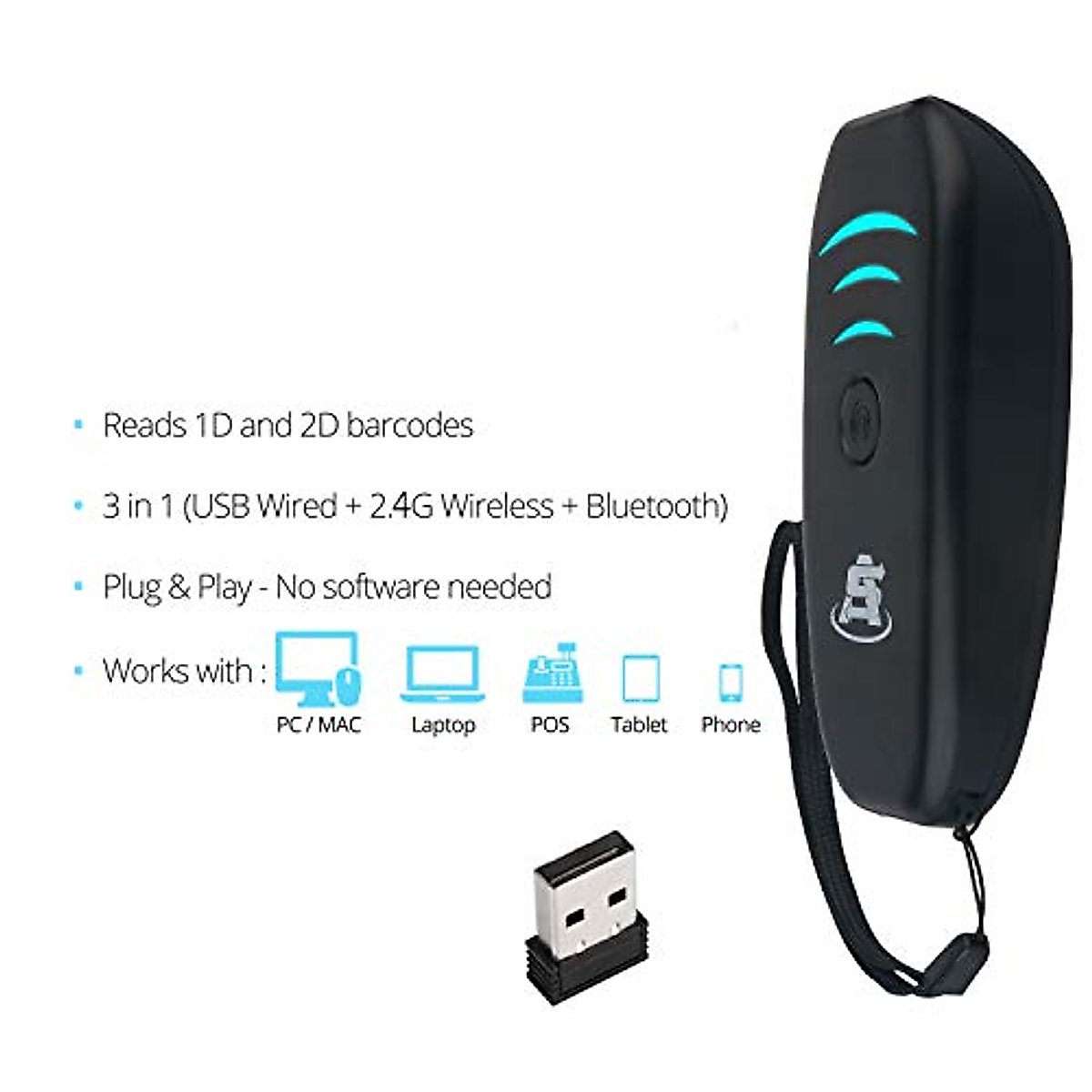 ScanAvenger Portable Mini-Wireless Bluetooth Barcode Scanner: Hand Scanners - Cordless, Rechargeable 1D & 2D Scan Gun for Inventory Management - Wireless, Handheld USB QR (1D & 2D Barcode Scanner)