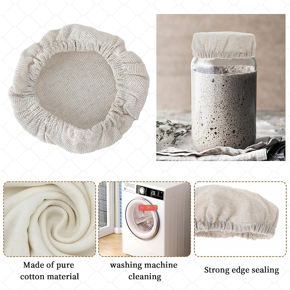 Thinp 5 Pack Sourdough Jar Cover,Sourdough Cover Mason Jar Covers Sourdough Cover Fabric Jar Covers for Sourdough Unbleached Reusable Cloth Covers for Sourdough Starter Jars,Fit Jars Mouth From 3-4"