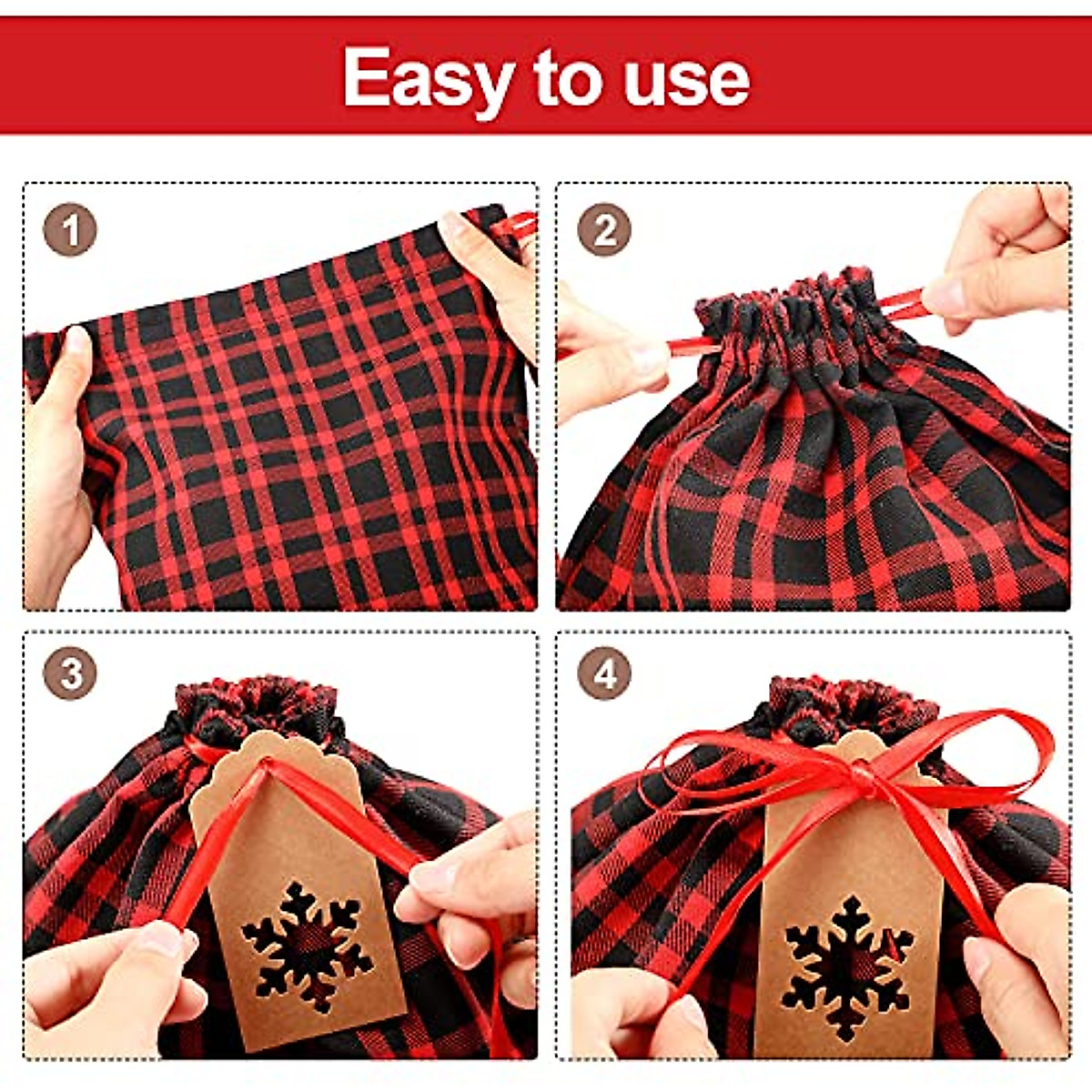 8 Pieces Xmas Plaid Drawstring Bags Fabric Present Bags Xmas Stocking Storage Sack Party Favors Xmas Bags for Christmas Party Decoration Supplies, 3 Sizes (Red and Black)