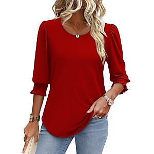 XIEERDUO 3/4 Length Sleeve Womens Tops Blouses for Women Dressy Casual Womens Short Sleeve Tops Red L