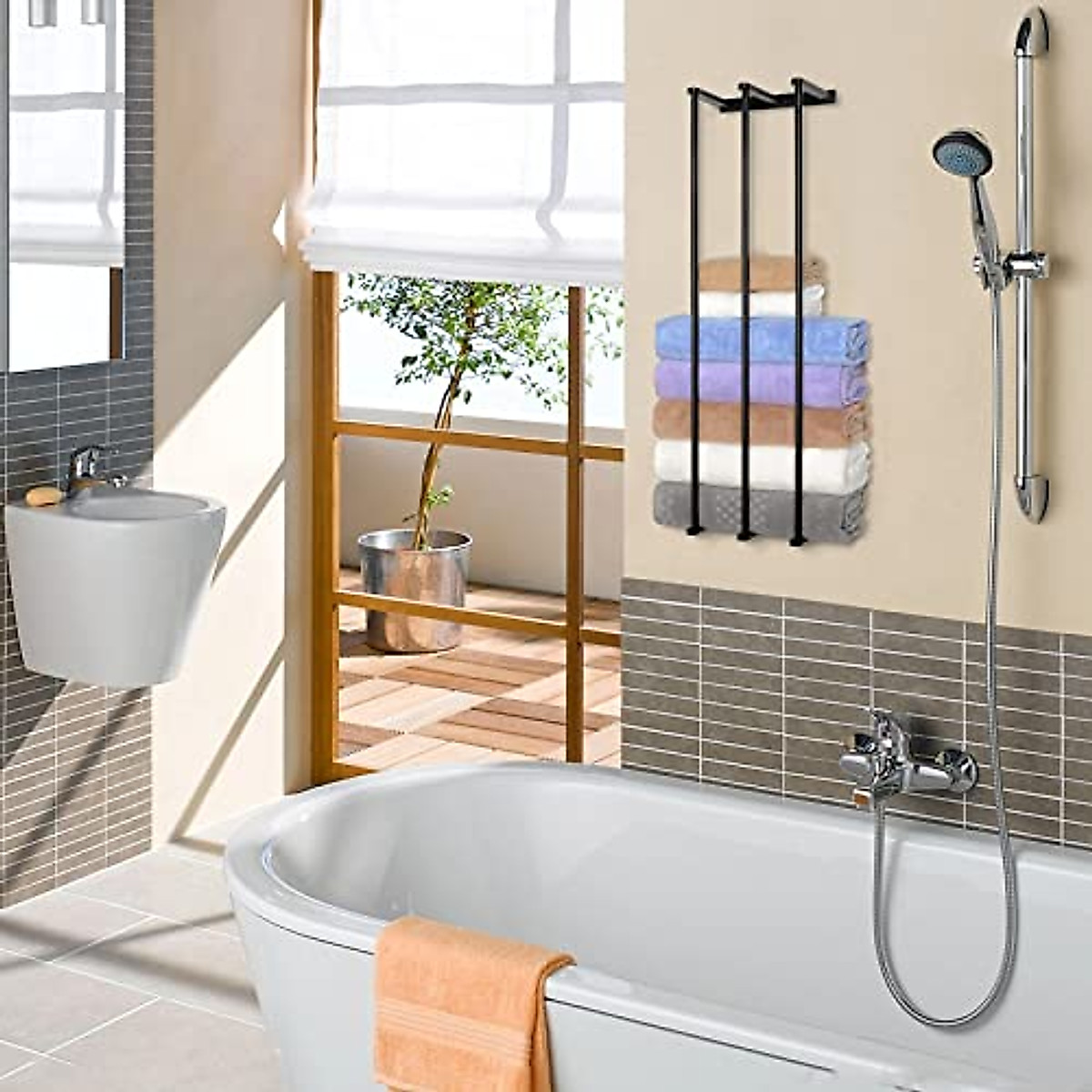 Yoimori Towel Racks for Bathroom, 3 Bar Towel Rack Wall Mounted for Bathroom Towel Storage, Metal Bathroom Towel Holder for Large Rolled Towels, Small Towels (Black)