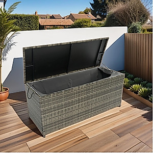 SEALODY Storage Box, 113 Gallon Wicker Patio Deck Box with Lid, Outdoor Deck Box for Toys, Pillows, Garden Tools, Grey