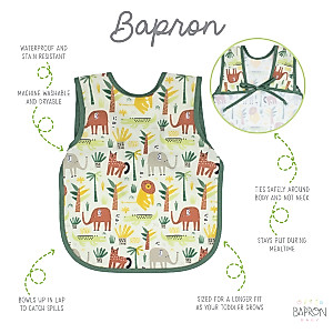 BapronBaby Safari Bapron - No Neck Tie Safer Bib for Baby & Toddler - Soft Waterproof Stain Resistant - Machine Washable - Sz Baby/Toddler 6m-3T