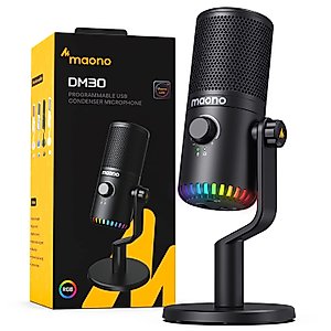 MAONO USB Gaming Microphone for PC, Programmable Condenser Mic with RGB Light, Mute, Gain, Monitoring, Volume Control for Streaming, Podcast, Twitch, YouTube, Discord, Computer, Mac, PS5, DM30 (Black)