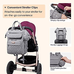 BabbleRoo Diaper Bag Backpack, Multifunction Large Bags with Changing Pad & Stroller Straps & Pacifier Case, Unisex Stylish Travel Back Pack Nappy Changing Bag for Moms Dads (gray)