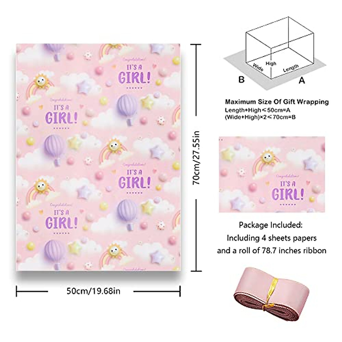 Apol Baby Shower Wrapping Paper,It's a Girl Gift Wrapping Paper Pink New Baby Wrapping Paper 4 Sheet Princess Lovely Paper with Pink Ribbon for Gender Reveal Girl Birthday Wrapping Paper,30x20 Inches