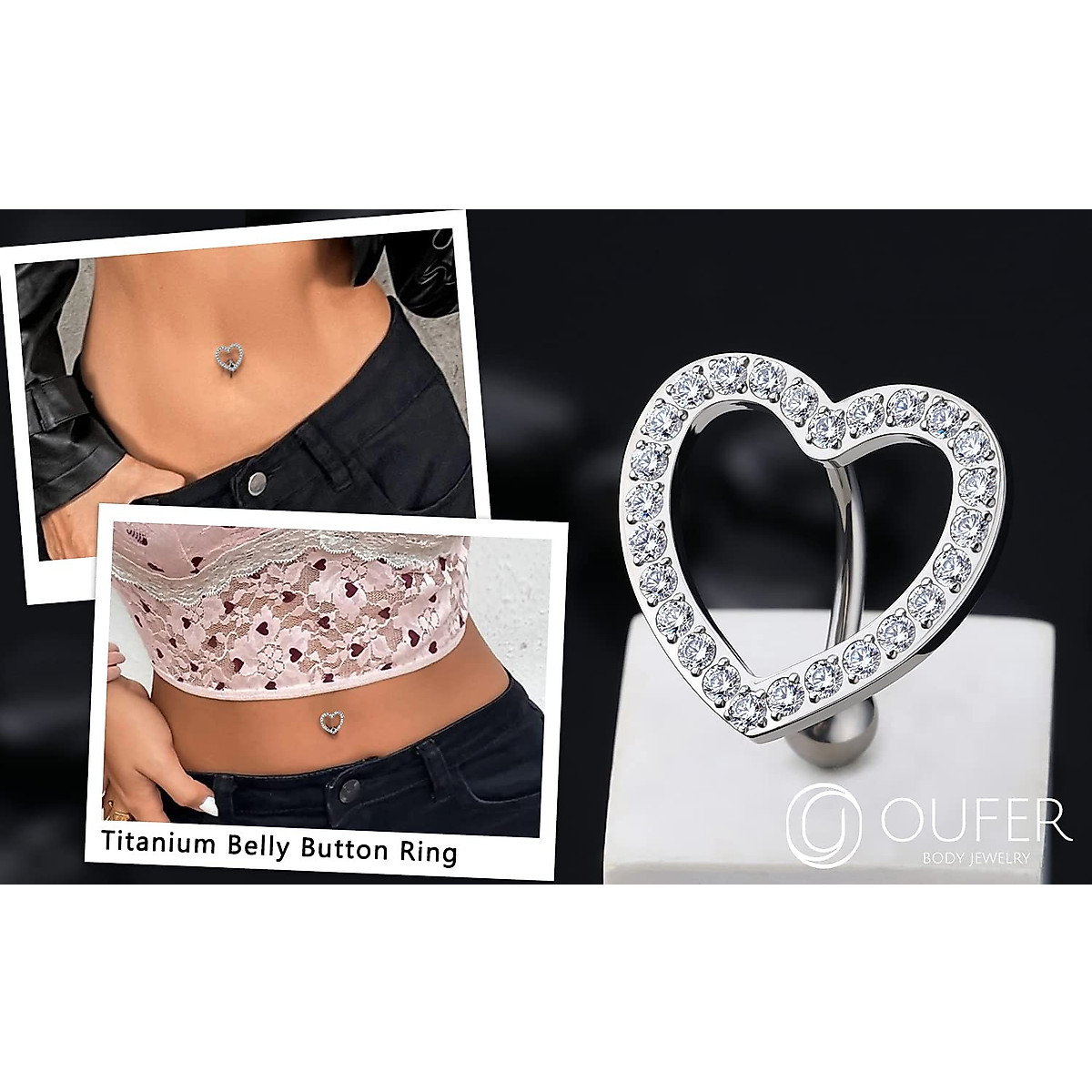 OUFER Titanium Belly Button Rings, Heart Shaped Reverse Belly Ring, Paved CZ Crystal Top-Down Belly Button Piercing, 14G Navel Rings for Women Men…