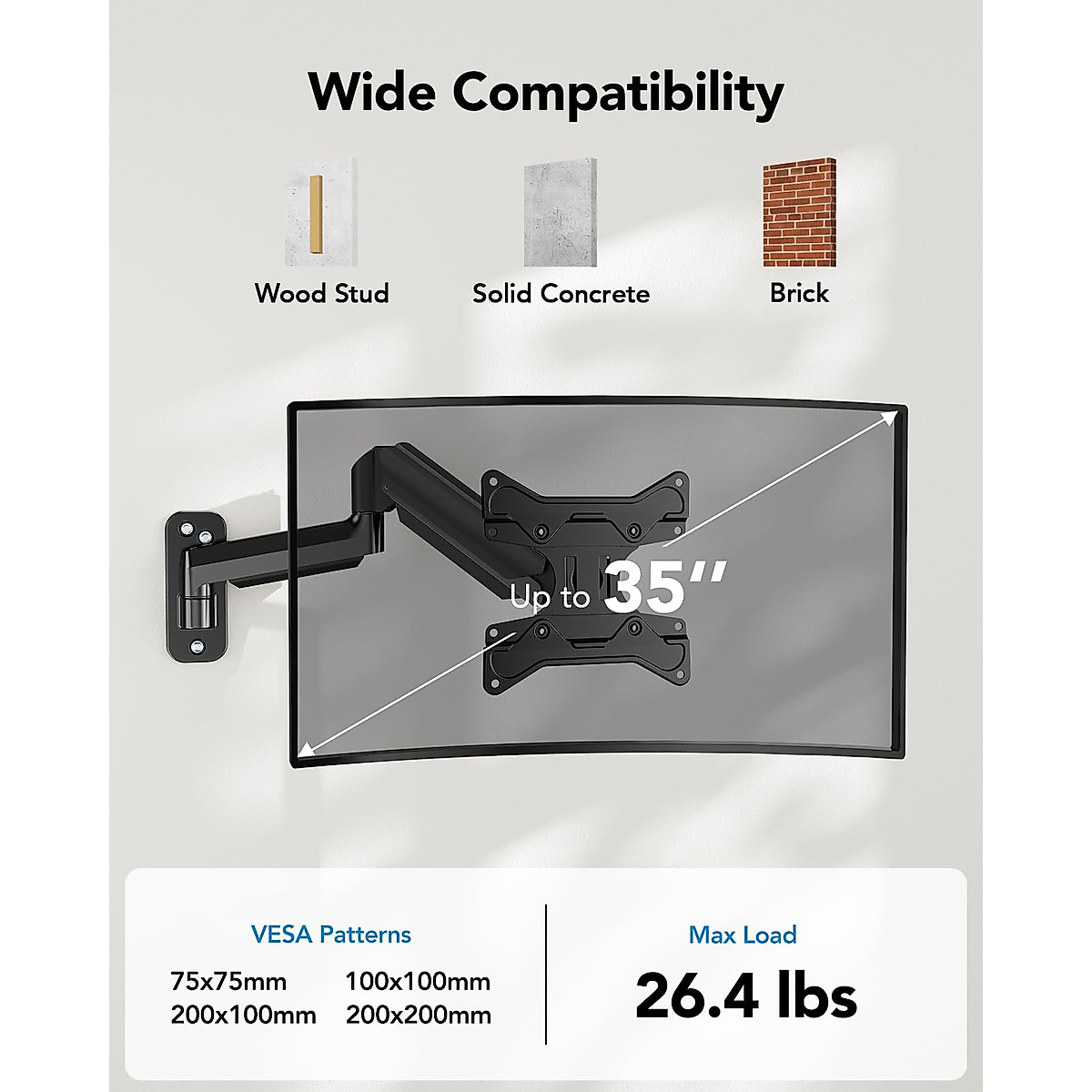 HUANUO Computer Monitor Wall Mount for 22 to 35 inch Flat Curved Screens, Single Wall Mount Monitor Arm Holds up to 26.4lbs, Height Adjustable Full Motion Gas Spring Vesa Wall Mount, Max 200x200mm