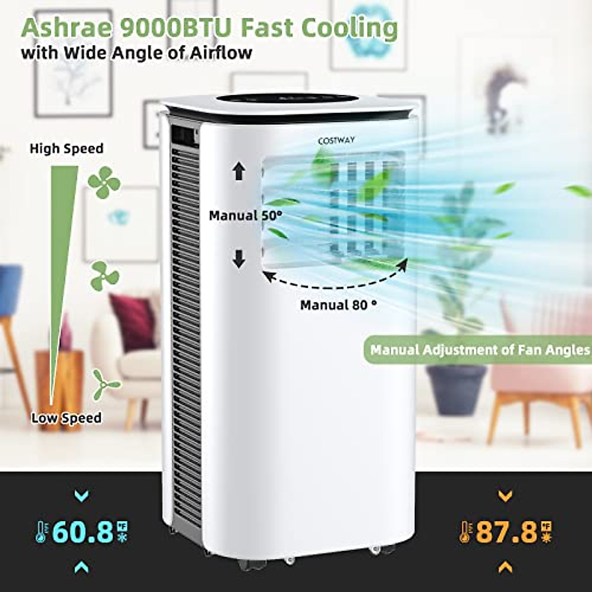 COSTWAY Portable Air Conditioner, 9000BTU Personal Air Conditioner with 2 Wind Speeds, Remote Control, 24H Timer, Window Kit, 350 sq.ft, Smart Portable AC Unit with Sleep Mode, Suitable for Home & Office Use, Energy-saving, White
