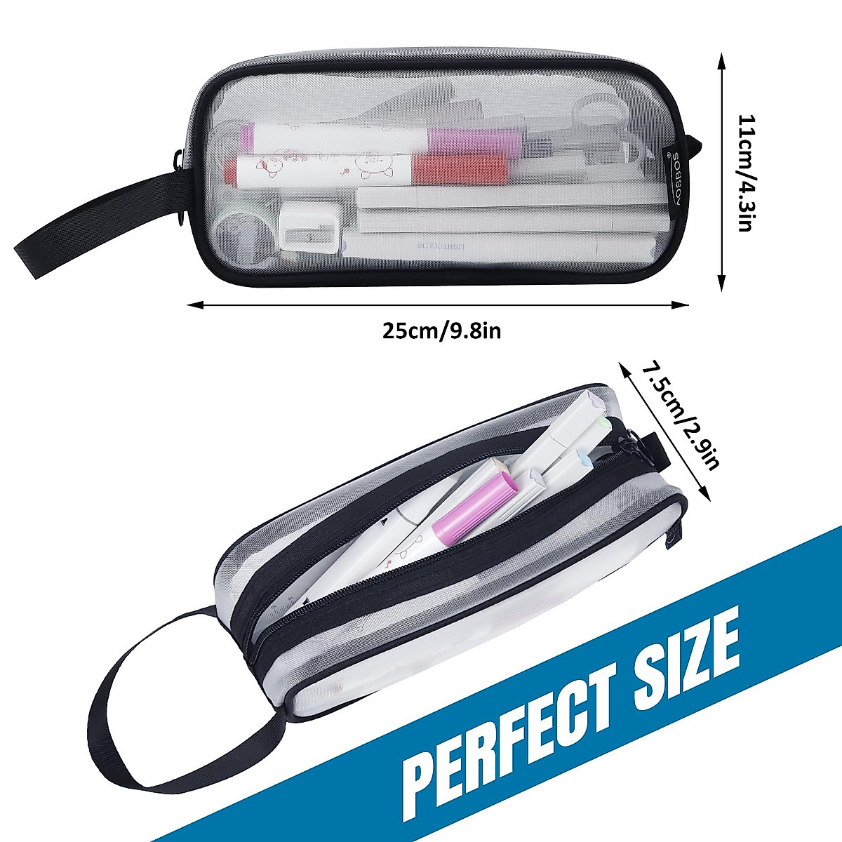 Aosbos Mesh Pencil Case, Clear Pencil Pouch Pencil Bags, Transparent Pen Holder Bag, Multi-Purpose Organizer Box with Portable Strap, White and Black