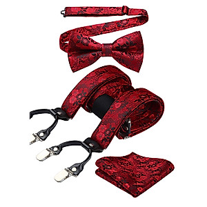 HISDERN Red Bow Tie and Suspenders for Men Paisley Floral 6 Clips Adjustable Braces Y Shape Tuxedo Suspenders & Pocket Square Set