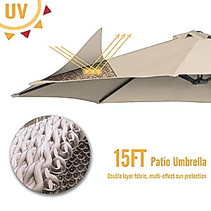 AECOJOY 15x9ft Double-Sided Patio Umbrella Outdoor Market Umbrella Large Sunbrella Table Umbrellas with Crank Air Vents for Deck Pool Patio (1.9" Pole,Beige)