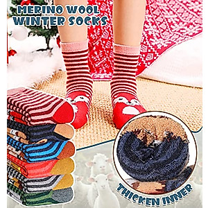 Kids Girls Boys Warm Wool Socks Super Soft Winter Thick Cute Animal Childrens Toddler Thermal Casual Crew Socks (6 Pairs Stripe Animal, 1-3 Years)