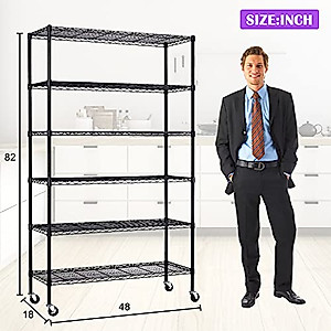 Storage Shelves 6-Tier Wire Shelving Unit Garage Shelving with Wheels 2100LBS Capacity,18" D x 48" W x 78" H Metal Shelves Storage Rack Heavy Duty Shelving for Garage Kitchen Pantry,Black