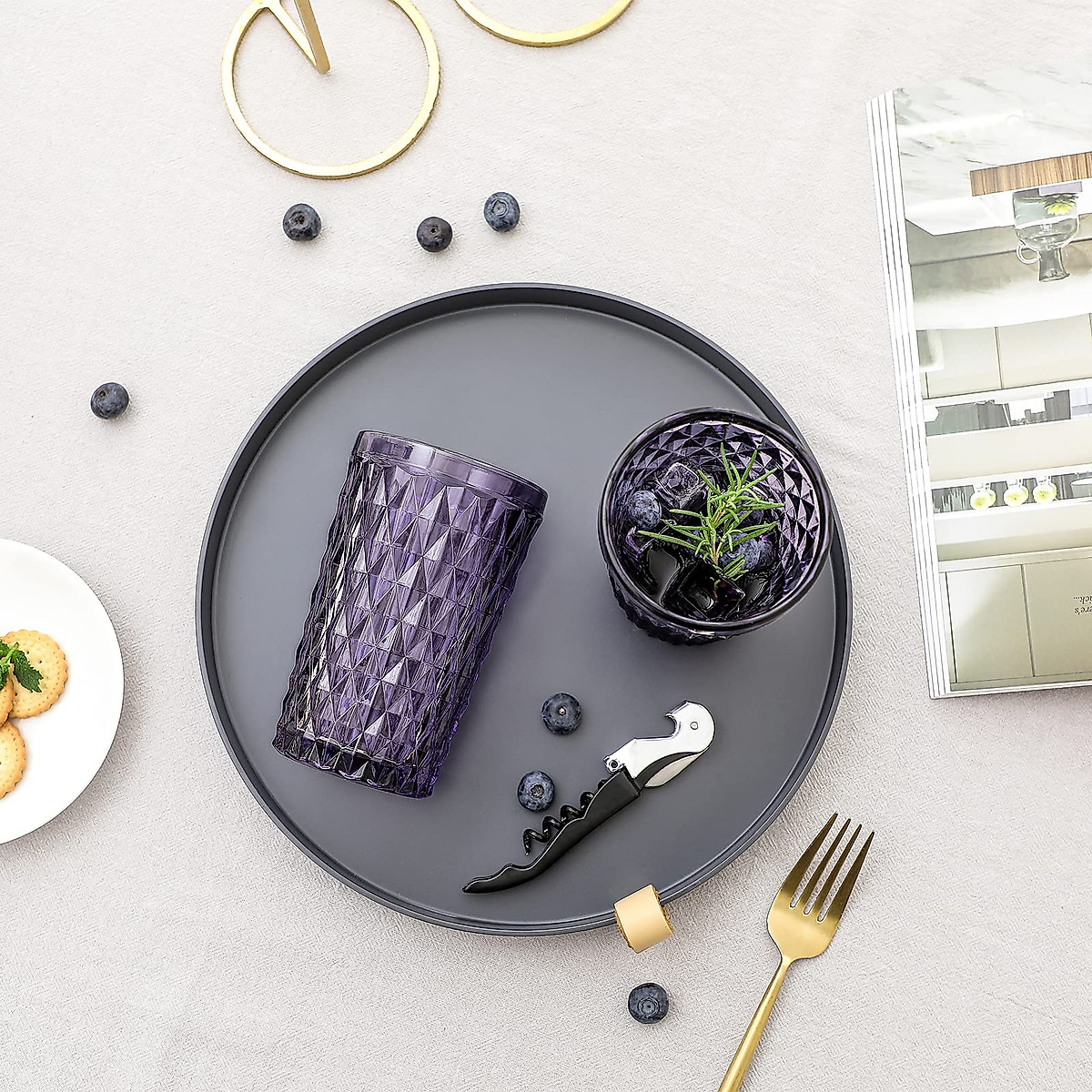 EVEREST GLOBAL Purple Highball Drinking Glasses set of 6 Colored Glass cups 11oz Embossed with Geometric Diamond Pattern Solid Color Vintage Water for Tea Juice and More