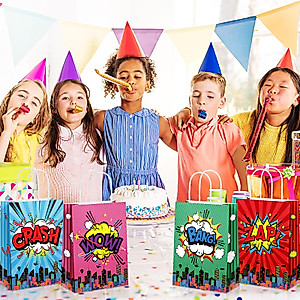 Pajean 18 Pcs Hero Party Favors Bags Comic Hero Kraft Paper Bags Goodie Candy Treat Gift Bags with Handle Boom Hero Theme Birthday Decorations Supplies