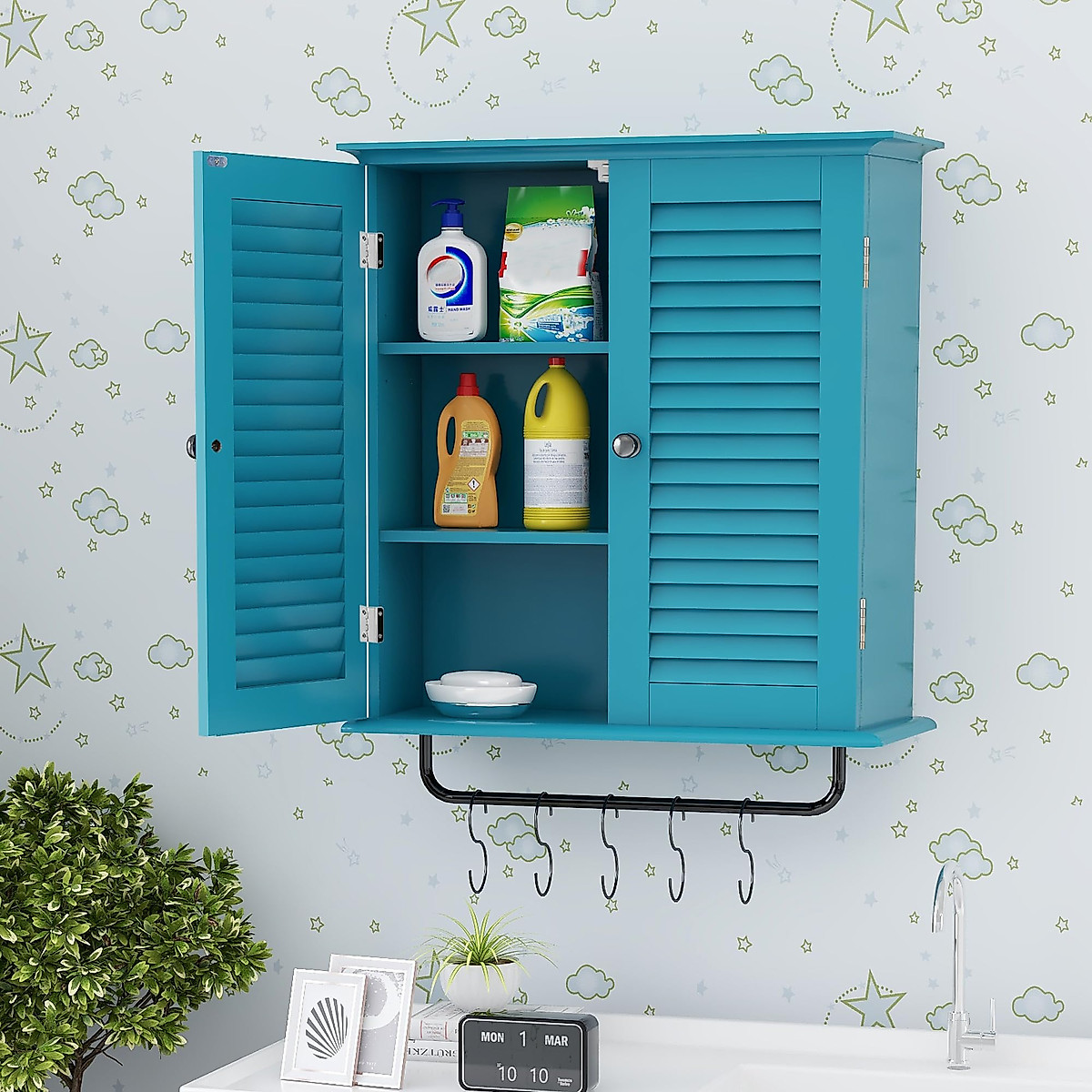 TaoHFE Bathroom Cabinet Wall Mounted Turquoise Designer Bathroom Wall Cabinet Medicine Cabinet with Double Shutter Doors 3 Tier Adjustable Shelf with Towel Rack Over The Toilet Storage Cabinet Laundry
