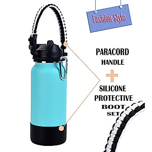LX-SUNCX Paracord Handle for 2020 Hydro Flask 2.0 Wide Mouth Water Bottles(12oz-40oz),Durable & Secure Accessories Carrier,Plus a Protective Silicone Boot ((WhiteBlack)/Black, 32oz-40oz)