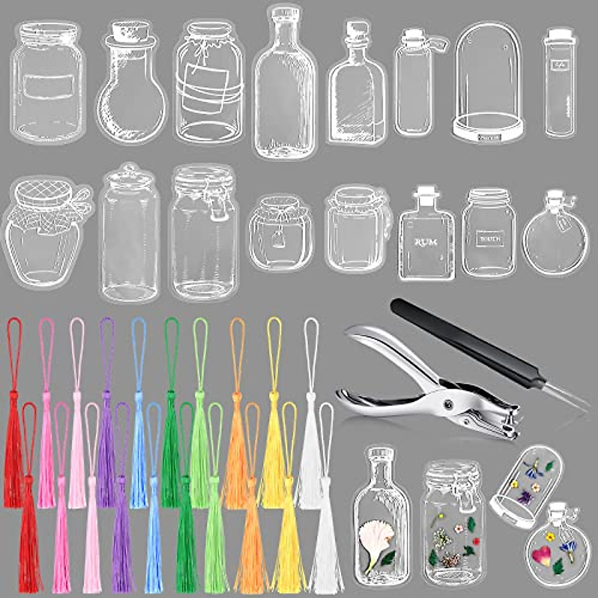120 Pieces Mixed Size Transparent Dried Flower Bookmarks Kit Cute Bottle Shaped Flower Bookmark Maker Handmade DIY Transparent Floral Page Clear Floral Bookmark Point Tweezer Hole Punch