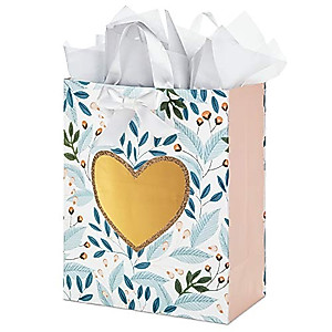 Hallmark 13" Large Gift Bag with Tissue Paper (Green Foliage, Gold Heart) for Weddings, Engagements, Anniversaries, Bridal Showers, Christmas, Valentine's Day
