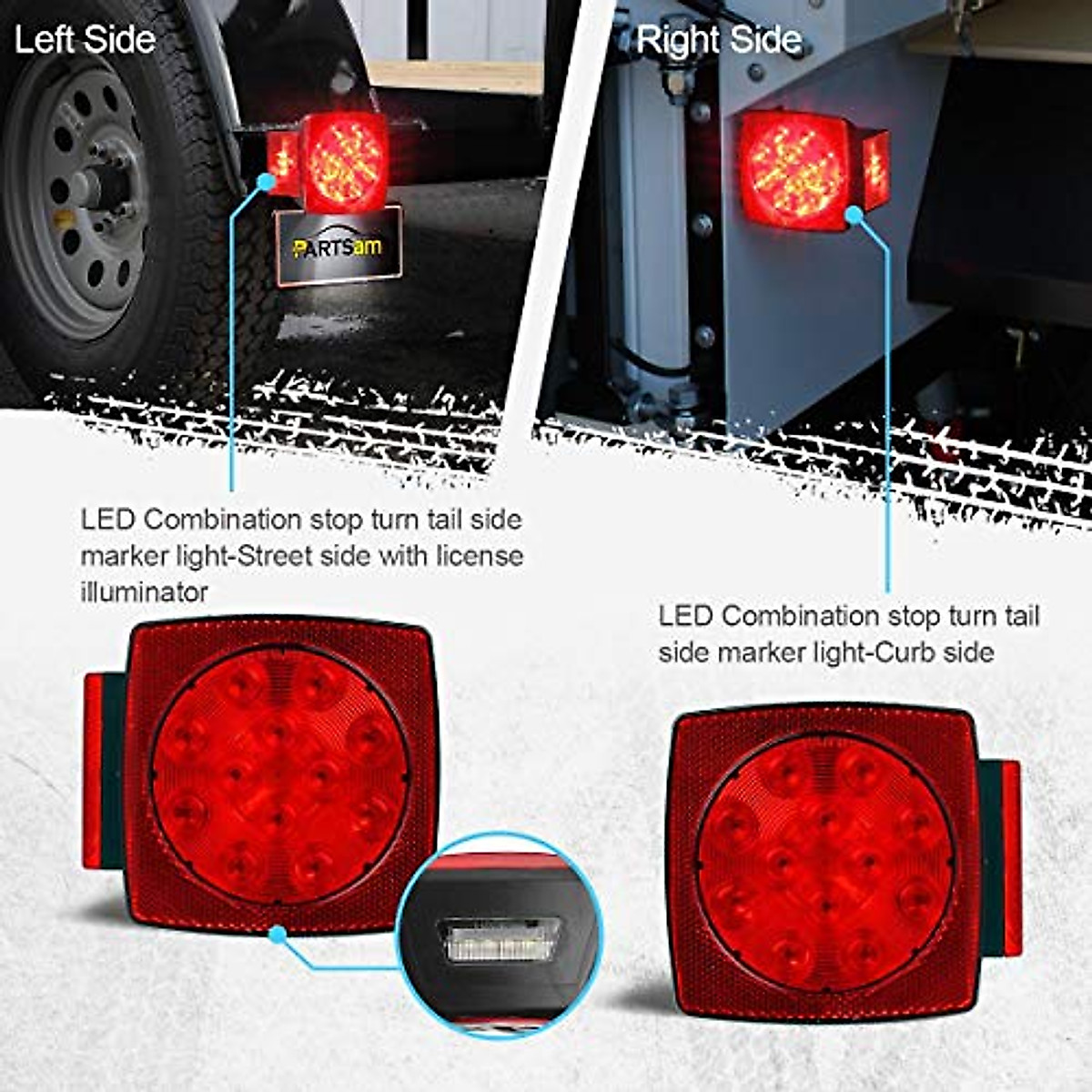 Partsam 12V Submersible Square Led Trailer Light,Red White LED Stop Turn Tail License Brake Running Light Lamp for Trailers Under 80" Boat Trailer Truck Marine Camper RV Snowmobile,IP68,DOT Compliant