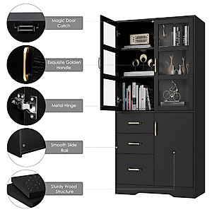 HIFIT 2 Pack Tall Bookshelves and Bookcases with Glass Display Cabinet Doors and 3 Drawers, Floor Standing Wood Storage Cabinet with Shelves, Modern Cabinet for Home Office, Living Room, Study, Black