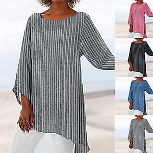 wodceeke Women's Three-quarter Sleeve T-shirt Round Neck Striped Shirt Tee Casual Loose Irregular Hem Tops (Pink, XXXL)