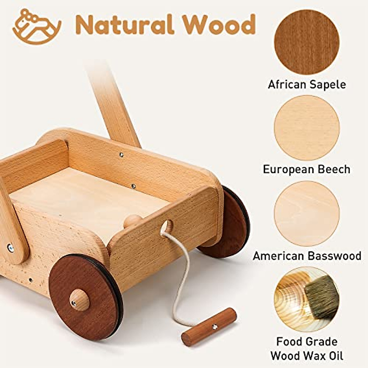 Woodtoe Wooden Baby Walker, Adjustable Speed Anti-Rollover Push Walker Toy for Babies Learning to Walk, Natural Wood Toddler Push and Pull Baby Walker Wagon Gift for Boy Girl 1 2 3(Patent Protection)