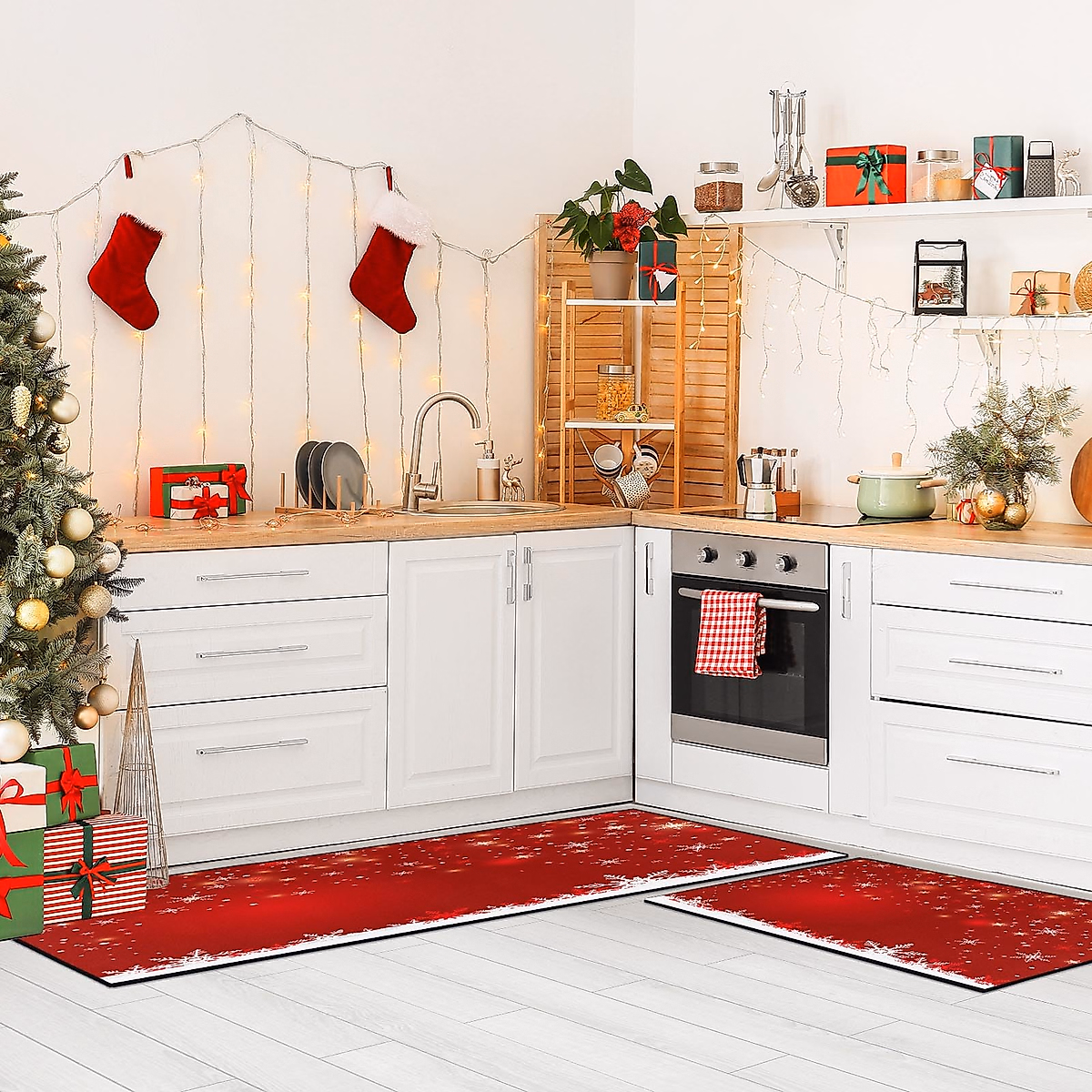 Tayney Christmas Kitchen Rugs and Mats Non Skid Washable Set of 2, Snowflake Red Snow Floor Mats, Xmas Runner Rug, Winter Kitchen Decor