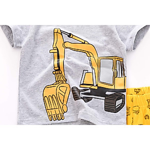 Popshion Boys Excavator Pajamas Summer Short Sets Toddler Pjs Cotton Jammies Truck Pj Clothes Kids Sleepwear 5t