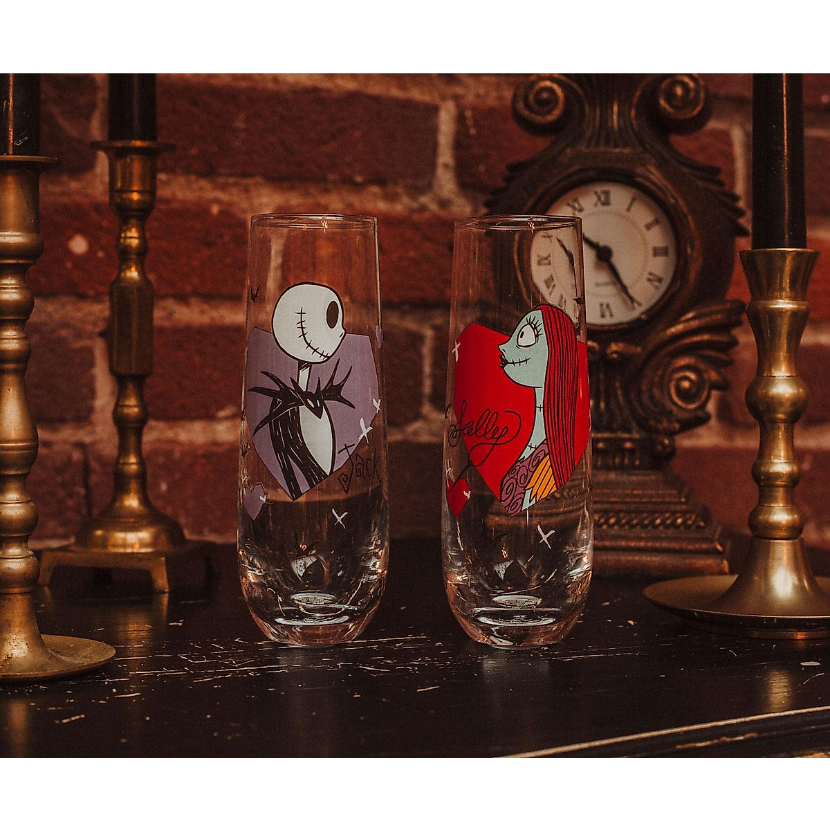 Disney The Nightmare Before Christmas Jack and Sally 9-Ounce Stemless Fluted Glassware, Set of 2 | Toasting Champagne Glass Cups For Wine, Mimosas, Cocktails | Home Bar & Kitchen Essentials