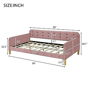 RORIGAT Twin Size Velvet Upholstered Dayed with Button Tufted Design and 4 Wood Support Legs,Twin Day Bed Frame,Easy to Assemble,Pink