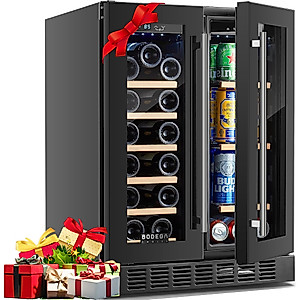 BODEGACOOLER 24 Inch Wine and Beverage Refrigerator, Dual Zone Wine Cooler Refrigerator, Wine and Beer Refrigerator Under Counter Cooling With Compressor,Hold 21 Bottles and 57 Cans [Black]