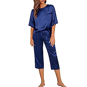 SWOMOG Womens 2 Piece Satin Pajamas Silk Short Sleeve Pjs Sets Capri Bottom Pajama Pants Loose Outfit with Pockets Navy Blue