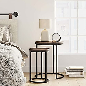 Nathan James Lula Nesting Round Side Set of 2, Accent End Table for Living Room with Wood or Marble Finish Tabletop and Metal Base, Nutmeg/Black