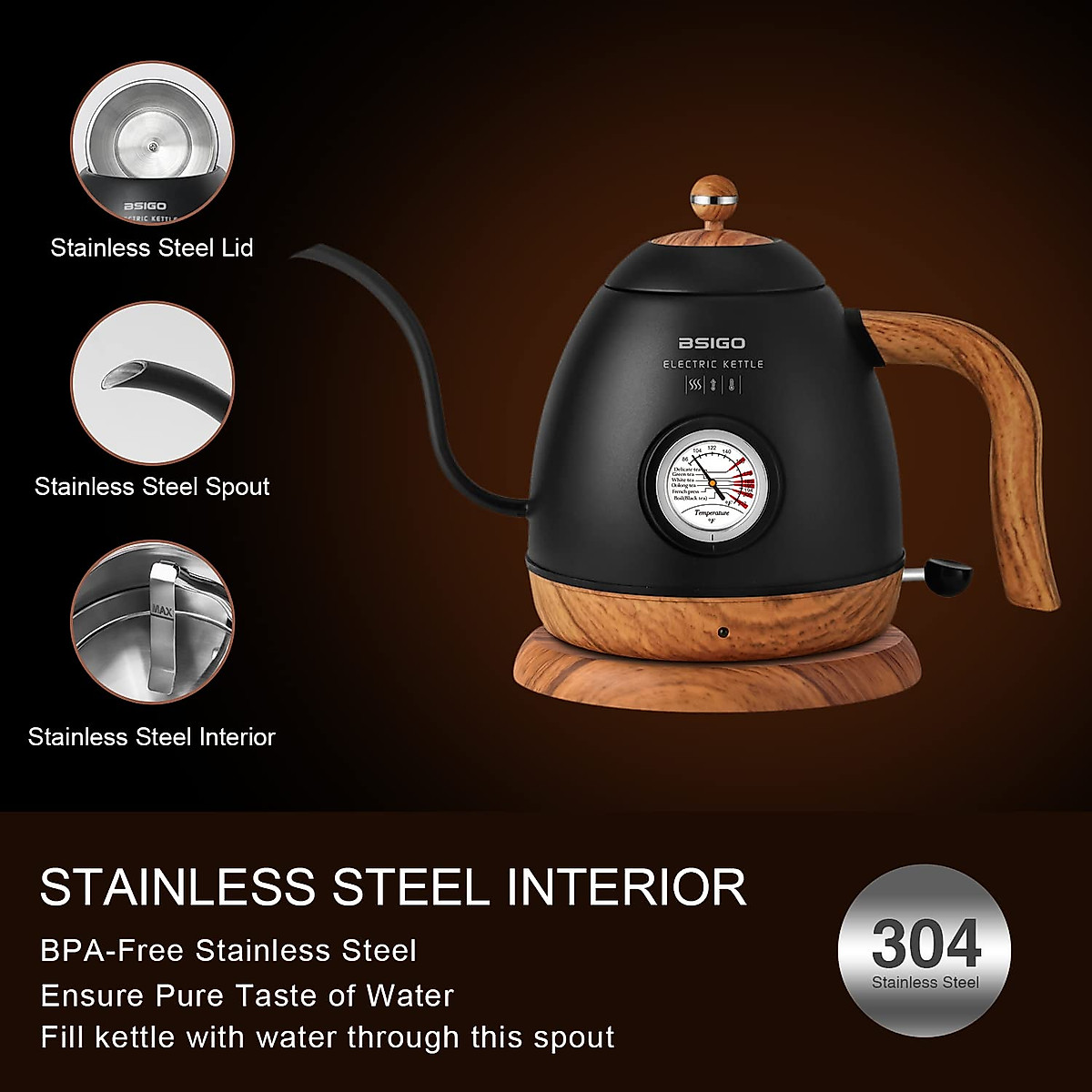 Bsigo Gooseneck Electric Kettle with Thermometer, 100% Stainless Steel for Pour-over Coffee & Tea Kettle, BPA Free, Auto Shut off Anti-dry Protection, Quick Heating Boiling Water, 1000W-0.8L, Black