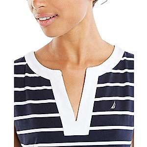 Nautica womens Breton Stripes Sleeveless V-neck Stretch Cotton Polo Casual Dress, Navy, Medium US