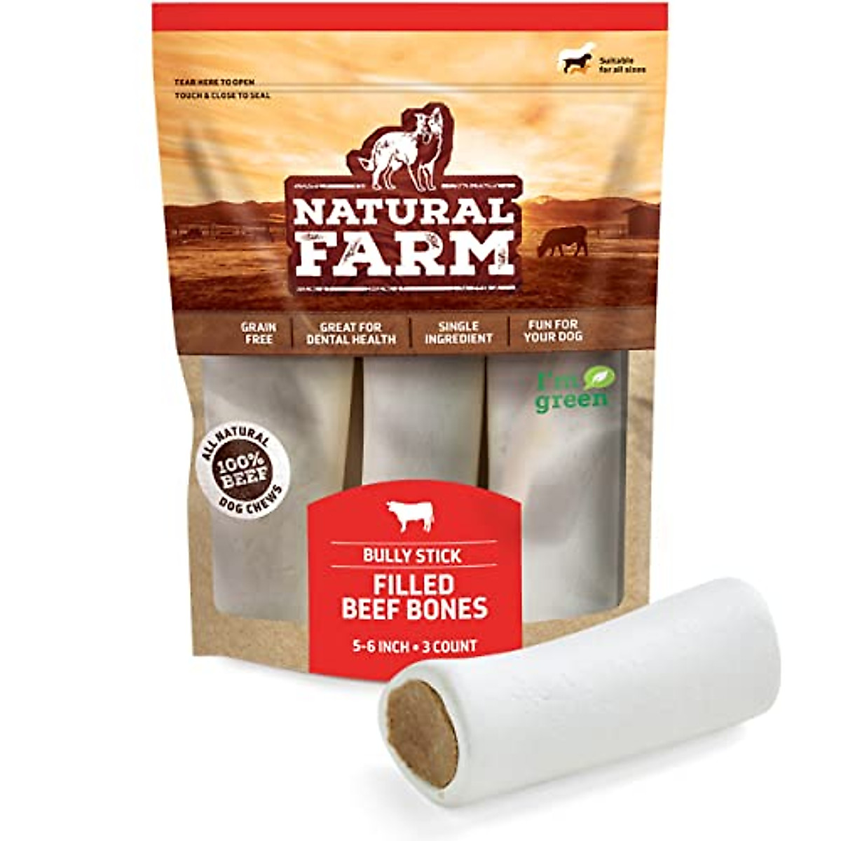 Natural Farm Filled Dog Bones, Bully Stick Flavor (5-6 Inch, 3 Pack), Limited Ingredient Stuffed Dental Dog Bone Treats for Large Dogs