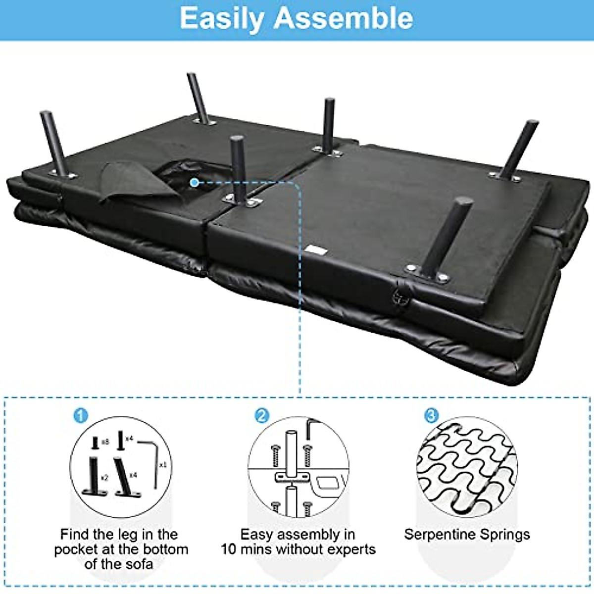 Opoiar Futon Sofa Bed,Faux Leather Convertible Sofa Bed,2 Seater Sofa Couch,Futon Couch,Memory Foam Sleeper Sofa with Quick Adjustable Armrest & Backrest for Compact Living Spaces,Black